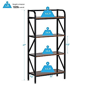 MAISON ARTS 4 Tier Bookshelf, 47" Free Standing Bookcase, Modern Metal Frame Book Shelf for Living Room Home Office, Rustic Brown