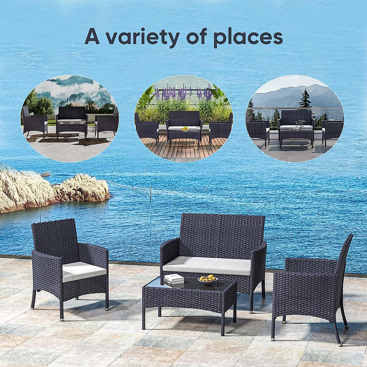 XZHQHB Patio Furniture Set of 4 Wicker Conversation Set with Soft Cushion Sofa Set Porch Outdoor PE Rattan Garden Chairs Sets with Tempered Glass Top Coffee Table, Black and Beige
