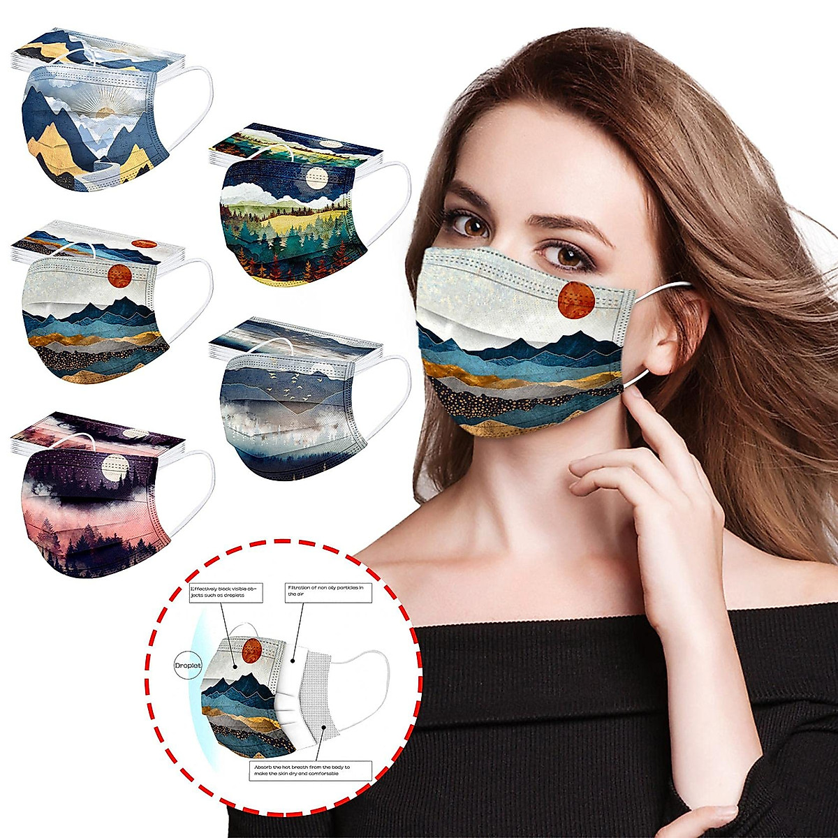 Felicy 50PC Sun Mountain Forest Watercolor printed Disposable Face Mask, Full Face Protection Women Adults Nose Clip Elastic Earloop (F - Mixed Colors), 6.9 x 3.7inch / 17.5 x 9.5cm