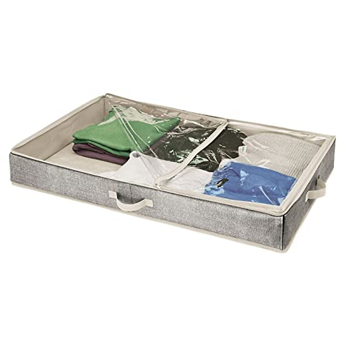 mDesign Soft Fabric Under Bed Storage Organizer Holder Bag for Clothing, Accessories, Linen - Easy-View Top Panel, Attached 2-Way Zippered Lid, Side Handles - 4 Pack - Black/Cream/Beige