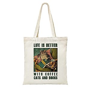 ZHANTUONE Canvas Tote Bag，Life is Better With Coffee Cats and Books，For Cat Lovers，Cat Lover Gifts for Women，Cat Lady Funny Cat Gifts，Pet Owner Gift，Birthday Gift For Someone Who Love Cats