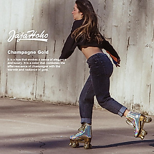 JajaHoho Roller Skates for Women, Holographic High Top PU Leather Rollerskates, Shiny Double-Row Four Wheels Quad Skates for Girls and Age 8-50 Indoor Outdoor (Size 8, Champagne Gold)