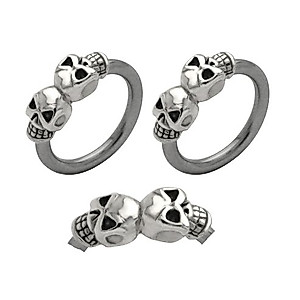 Pair of double 2 skull skeleton Hypoallergenic 316L Stainless Steel Surgical Steel Captive bead Ring lip, belly, nipple, cartilage, tragus, earring body Jewelry piercing hoop - 16 gauge, 3/8" (10mm) 16g