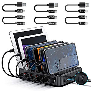 PD USB-C Charging Station, COSOOS 81W 6-Port USB Charging Station for Multiple Devices with 3 PD 20W USB-C Charger & 6 Mixed Short Cables, Fast Multi USB Charger Station