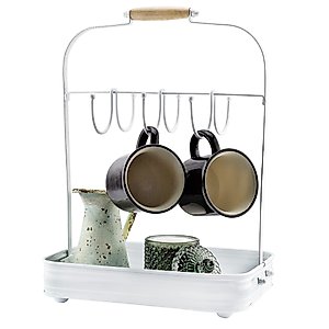 AuldHome Enamelware Coffee Mug Rack, Countertop Style White Rustic Distressed Cup Hanging Stand with Tray
