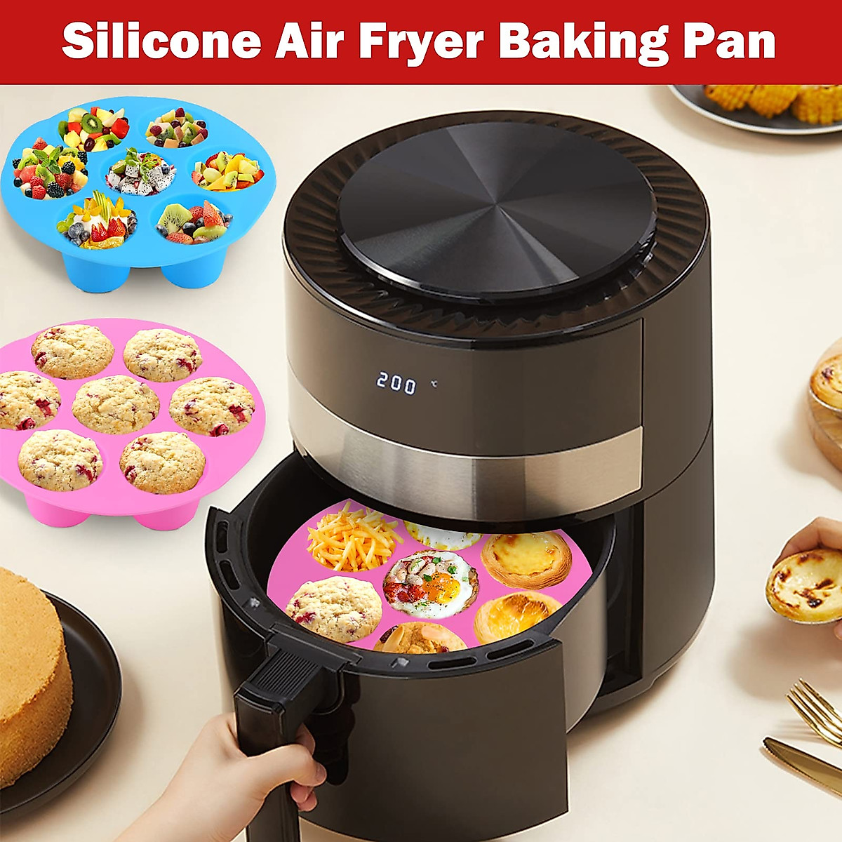 XANGNIER Silicone Muffin Pan for 3QT-5QT Air Fryer,2 Pcs Cupcake Tray Baking Mold,Reusable Non-stick Air Fryer Baking Pan,Air Fryer Accessories