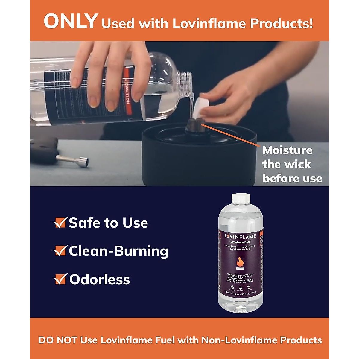 Exclusive Fuel for Lovinflame Fireplaces Fire Pits Firebowls Candles Non-Toxic, Non-Flammable, Water-Soluble, Safe for Transportation & Storage (1 Liter)