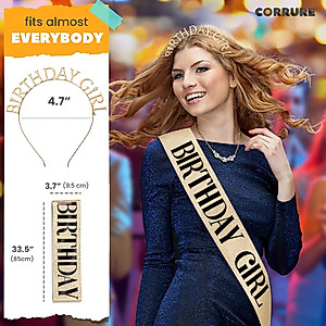 CORRURE 'Birthday Girl' Sash and Headband Tiara - Gold Glitter with Black Foil Happy Birthday Sash and Tiara for Women - Party Favors Supplies and Decorations for 18th 21st 30th 40th Bday Party