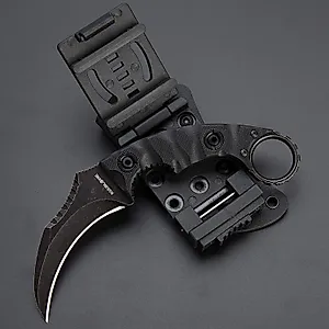 KIASLORE 1911K Tactical Knife Fixed Blade Teeth Knife D2 curved Blade & G10 Handle for Outdoor Survival, Camping, Bushcraft and Hunting, with Sheath (Stonewashed, 180)