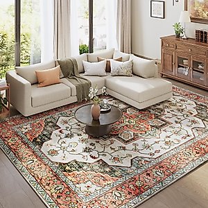 TECHMILLY 5x7 Washable Area Rug, Large Boho Rugs for Living Room, Soft Indoor Rug with Non Slip Backing, Stain Resistant Vintage Accent Rugs for Bedroom, Low Pile Durable Rugs for Dining Room