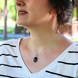 Sterling Silver Oval Black Onyx Small Pendant Necklace - Handmade 15x20mm Black Stone 16+2 inches Chain for Women
