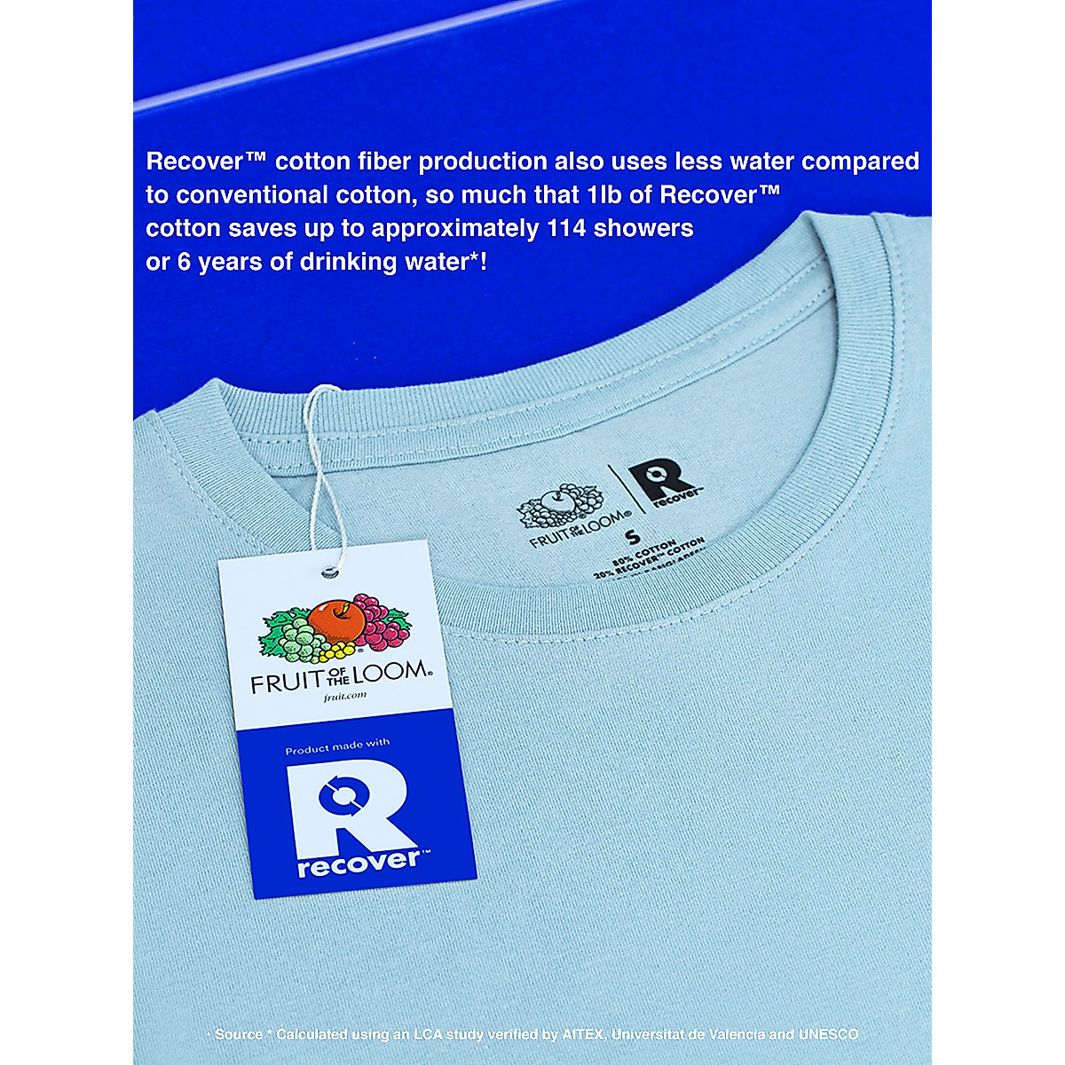 Fruit of the Loom Men's Recover Cotton T-Shirt Made with Sustainable, Low Impact Recycled Fiber, Ivory, Large