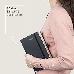 POPRUN Daily Planner 2024 One Page per Day with Vegan Leather Hardcover - Agenda 2024 Hourly Appointment Book with Monthly Tabs, Inner Pocket, 5.5" x 8.5", Pacific Green