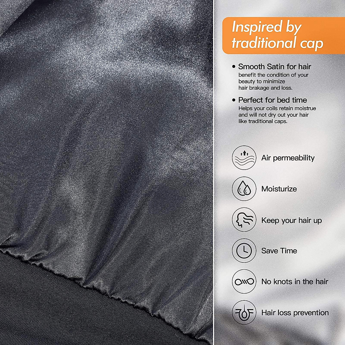 Silky Satin Lined Bonnet Sleep Cap - Adjustable Stay on All Night Hair Wrap Cover Slouchy Beanie for Curly Protection Women and Men Solid Black