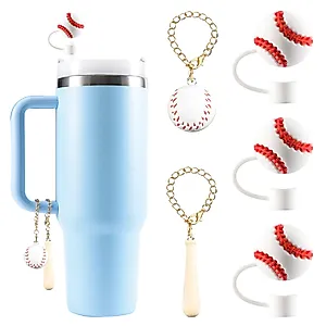 3PCS Straw Cover for Stanley Cup 30&40 Oz 10mm Cloud Silicone Straw Topper Protector Lid with 2PCS 3D Personalized Baseball Charm Stanley Tumblers Accessories (3pcs Baseball +2pcs Baseball Charm)