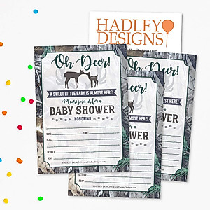 25 Blue Deer Baby Shower Invitations, Sprinkle Invite For Boy, Coed Forest Rustic Gender Reveal Theme, Cute Camouflage Buck DIY Fill or Write In Blank Printable Card, Woodland Forest Party Supplies