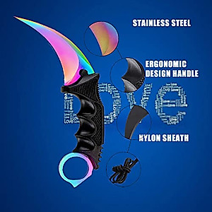 TOPOINT Karambit Knife, Stainless Steel Fixed Blade Knife with Sheath and Cord Knife CS-GO for Hunting Camping and Field Survival (Rainbow)