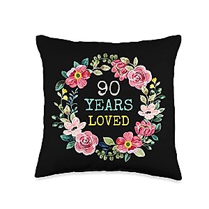 Ninety Years Old Men Women Birthday Gift Floral Design 90 Years Old Grandpa Grandma 90th Birthday Throw Pillow, 16x16, Multicolor