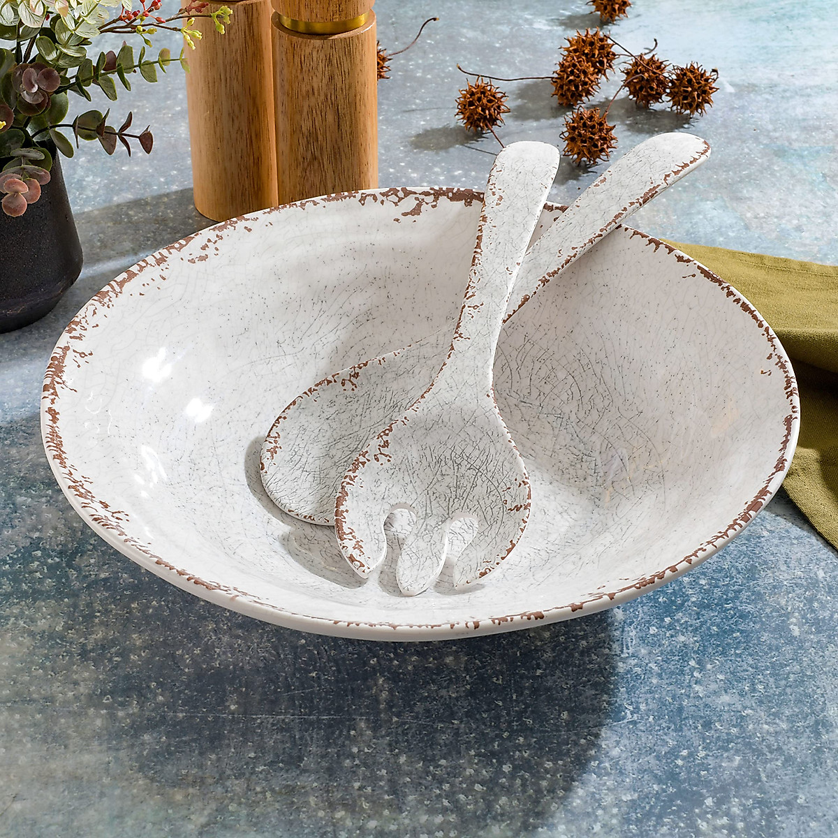 Gibson Home Mauna Melamine 3 Piece 14" Salad Bowl W/2 Servers – Ice White