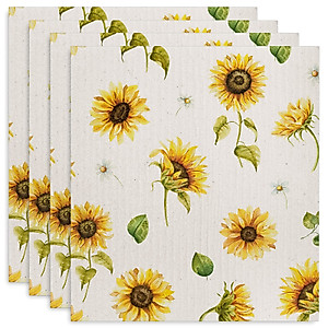 Whaline Sunflower Swedish Kitchen Dishcloth Watercolor Spring Summer Flower Cotton Kitchen Towel Floral Absorbent Dishcloth for Party Home Housewarming Cleaning Counter Wipes, 7 x 8 Inch, 4Pcs