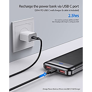 ENEGON 10000mAh Power Bank Fast Charging 12V/1.65A(PD 20W Max) with USB-C Wall Plug, Portable Chargers Slim Cell Phone External Battery Pack for iPhone 14 13 12 11 Pro Max Plus XR SE