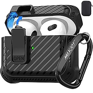 Maxjoy for Airpods 3 Case Cover 2021, Airpods 3 Protective Case with Automatic Secure Lock Gen 3 Military Hard Shockproof Cover with Keychain Compatible with Apple Airpods 3rd Generation 2021, Black