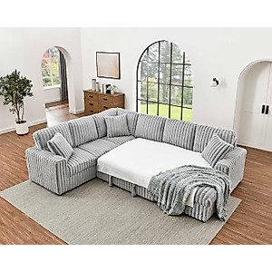 DEINPPA 122 Inch Sleeper Sofa Couch with Pullout Bed, Chunky Furry Corduroy Sectional Sofa with Storage Chaise and Charging Ports, Large Sectional Couches for Living Room-Grey