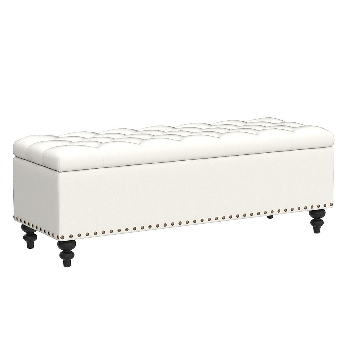 HUIMO Ottoman with Storage, 51-inch Storage Ottoman Bench with Button-Tufted, Bedroom Bench Safety Hinge Ottoman in Upholstered Fabrics, Large Storage Bench for Bedroom, Living Room (Ivory-Rivet)
