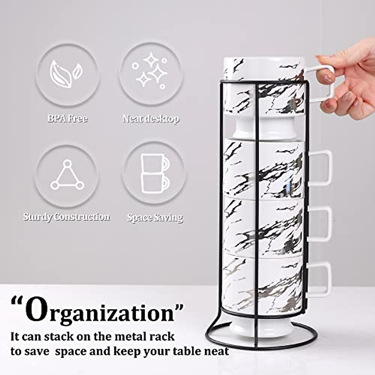 ANTIS'S HOME Stackable Coffee Mugs Set of 4 with Stand, Marble Silver Pattern 10 OZ Ceramic Coffee Mug Set with Rack, Espresso Cups Set Coffee Cup Set for Coffee, Tea, Cocoa, Milk