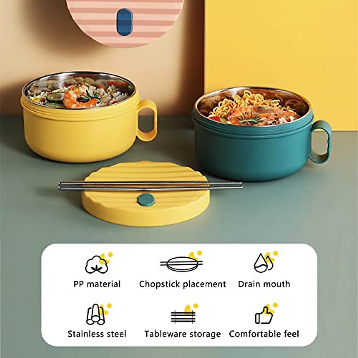 YCXXKJ Microwave Ramen Bowl Set Ramen Cooker with Handles Noodle Bowls with Lid and Chopsticks Stainless Steel Liner Dishwasher Safe for Home Office College Dorm Room(Yellow & Green)