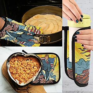 Trump Oven Mitts and Pot Holders Sets Heat Resistant Hot Pads USA Flag Cooking Gloves Handling Kitchen Cookware Bakeware BBQ