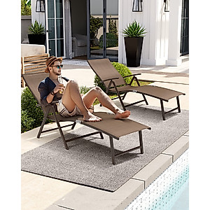 Crestlive Products Chaise Lounge Chair Outdoor Set of 2, Aluminum Folding Patio Recliner Chair, Adjustable 8 Positions Assemble-Free Perfect for Beach, Yard, Pool, Deck (Brown)