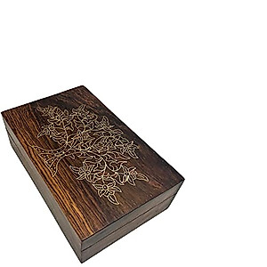 collectiblesBuy Handmade Wooden Box Hinged Lid Brown keepsake Unfinished Jewelry and DIY Crafts Storage Box for Women Jewel Organizer Golden Floral Print Decorative Wood Stash Boxes Walnut Finish