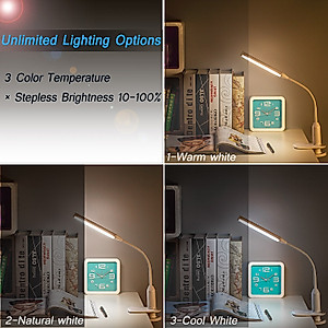 AnSun Rechargeable LED Desk Lamp Clip on Table Light with Battery Powered (2000mAh) 3 Color, Stepless Dimmable Touch Control 360° Flexible Reading Clamp Lamp for Study Bedroom Office (White)