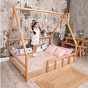 BUSYWOOD Montessori Platform Bed - Toddler bed - Kids Floor Bed House Frame - Natural Wood Daybed Frame - Unique bed (Model 1, Natural Wood, Floor Bed)