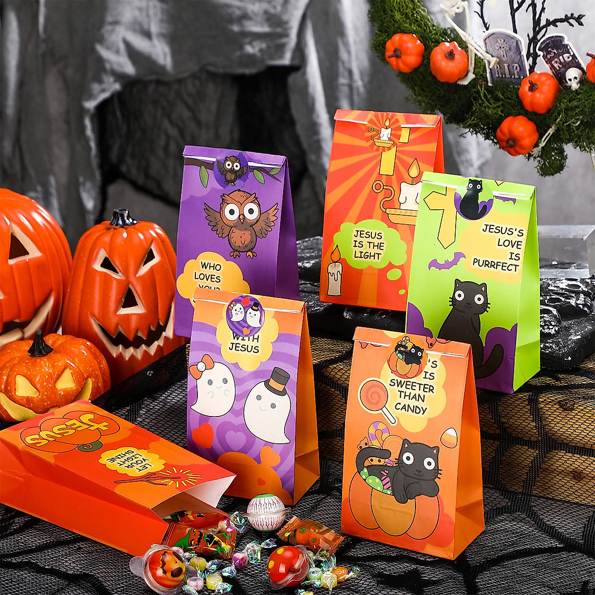 Spakon 36 Pcs Religious Halloween Candy Bag Party Favors with 36 Stickers Trick or Treat Candy Favor Bag Filler Paper Supplies for Religious Halloween Theme Party Decorations Gifts to Friends
