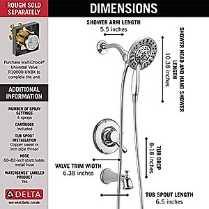 Delta Faucet Linden 17 Series Dual-Function Tub and Shower Trim Kit, Shower Faucet with 4-Spray In2ition 2-in-1 Dual Hand Held Shower Head with Hose, Chrome T17493-I (Valve Not Included)
