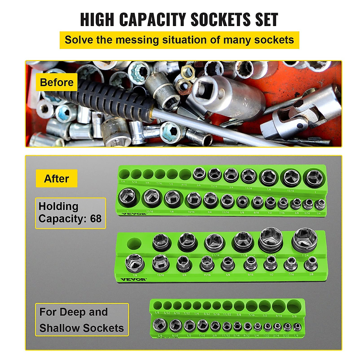 VEVOR 3-Pack SAE Magnetic Socket Organizers, 1/4", 3/8", 1/2" Magnetic Socket Holder Hold 68 Sockets, Green Tool Box Organizer for Sockets Storage