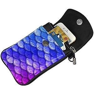 Colorful Rainbow Mermaid Scales Blue Women Soft PU Leather Cellphone Purse Wallet Handbag Small Crossbody Shoulder Bag