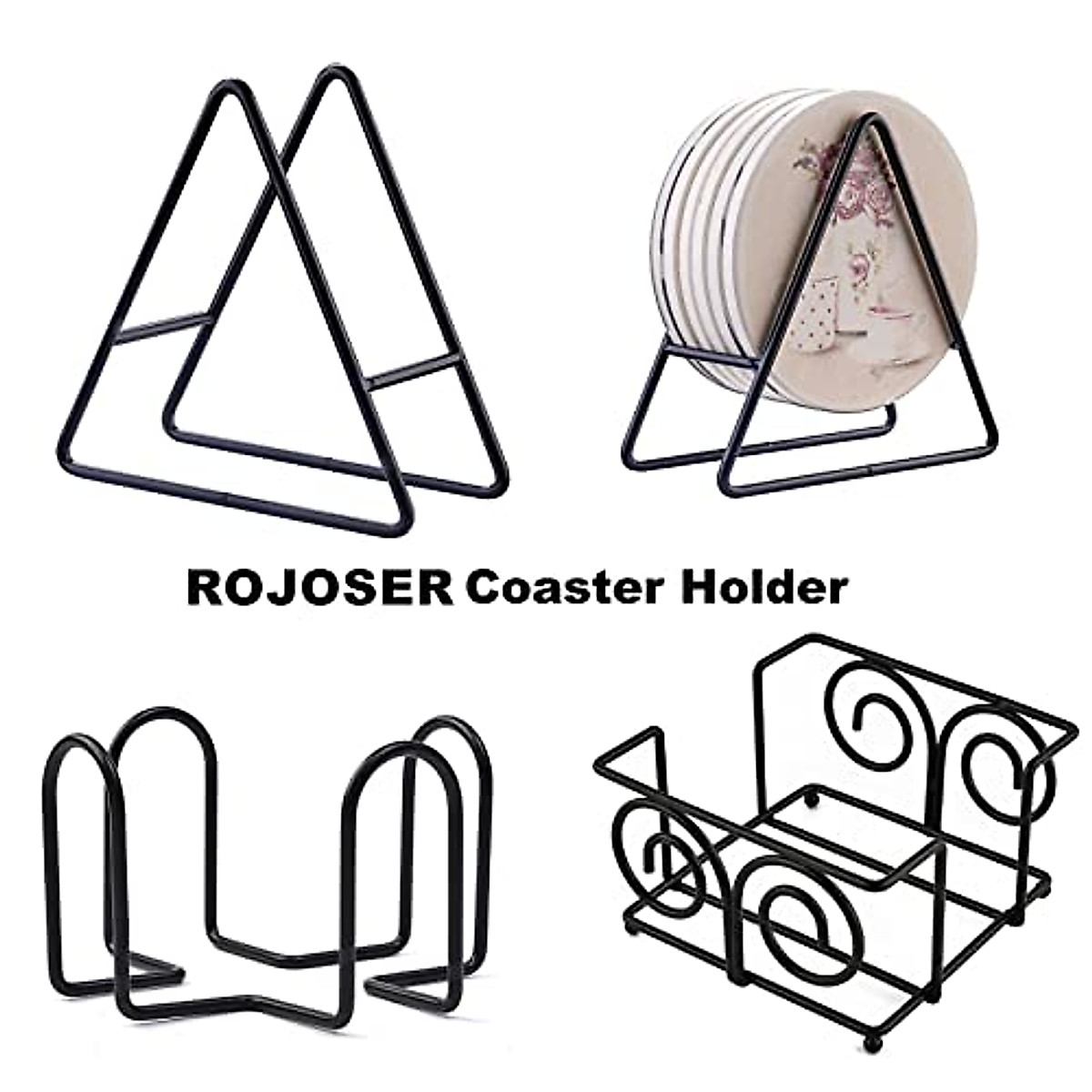 2PC ROJOSER Triangle Coaster Holder Black Iron Metal Holder Storage Caddy for Both Round and Square Coasters Fit 4 to 9 Pieces Coasters,4.3 Inch
