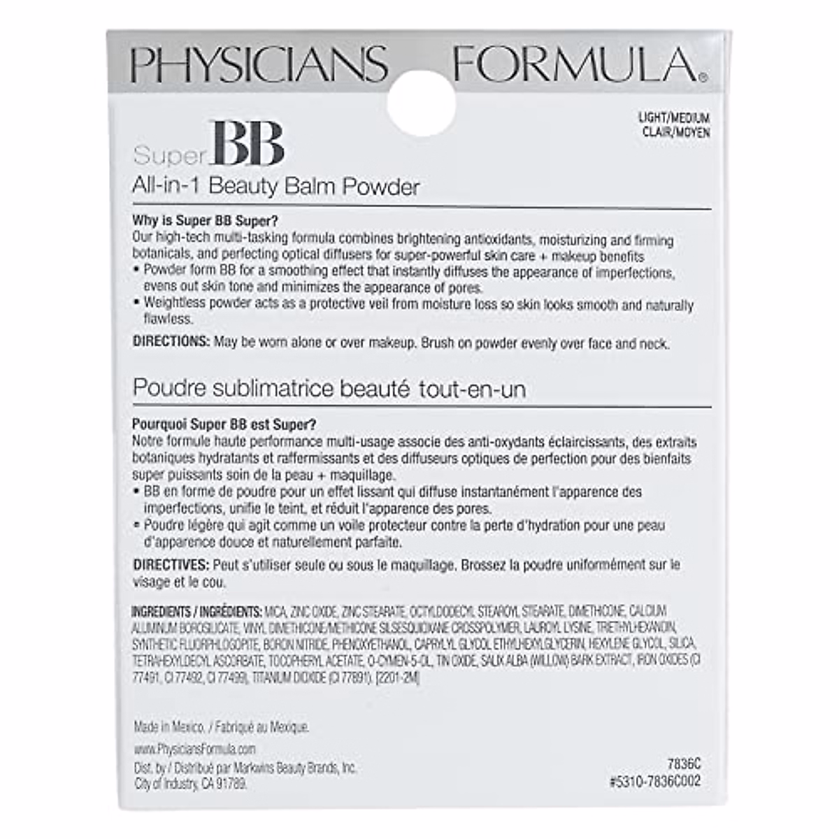 Physicians Formula Super BB Cream All-in-1 Beauty Balm Powder Light/Medium | Dermatologist Tested, Clinicially Tested