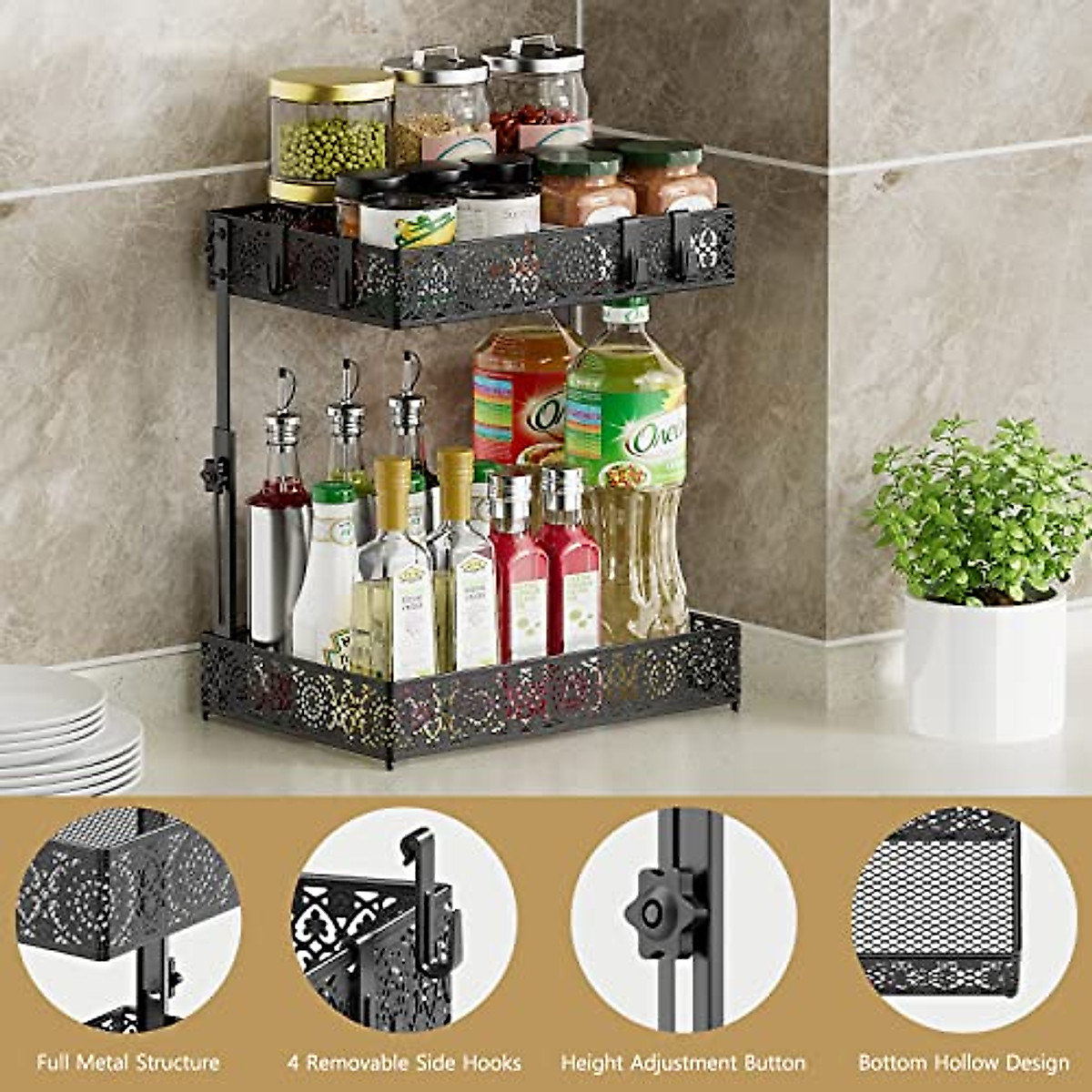 Iirios Under Sink Organizers and Storage, Height Adjustable 2-Tier Bathroom Cabinet Organizer, Metal Bathroom Sink Organizer with 4 Hooks, Multi-use Under Sink Storage for Bathroom Kitchen, 2 Pack