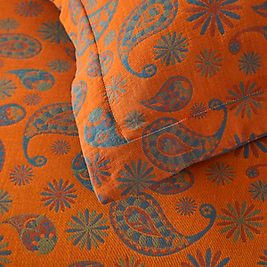 Softta Vintage Paisley Pattern Bedding Set Queen Size 3Pcs Duvet Cover Set 100% Washed Cotton Double-Layer Yarn Washed Cotton Bedding Collection Blue & Orange