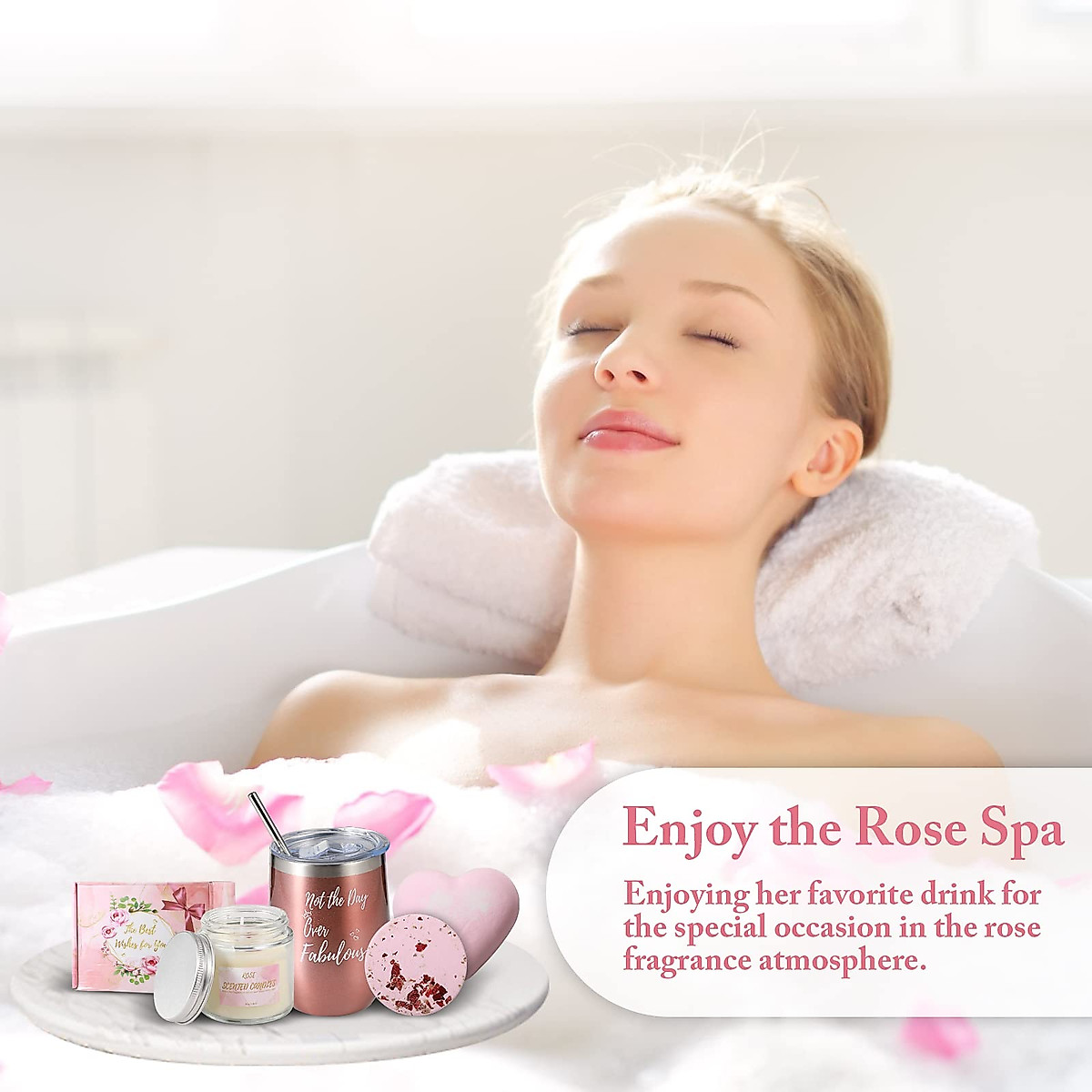 Shihanee 11pcs Valentine‘s Day Gifts for Women Birthday Relaxing Gifts Baskets Box Spa Sets Birthday Bath Set Insulated Wine Tumbler Set for Mother Sister Girlfriend Wife Friend(Rose)