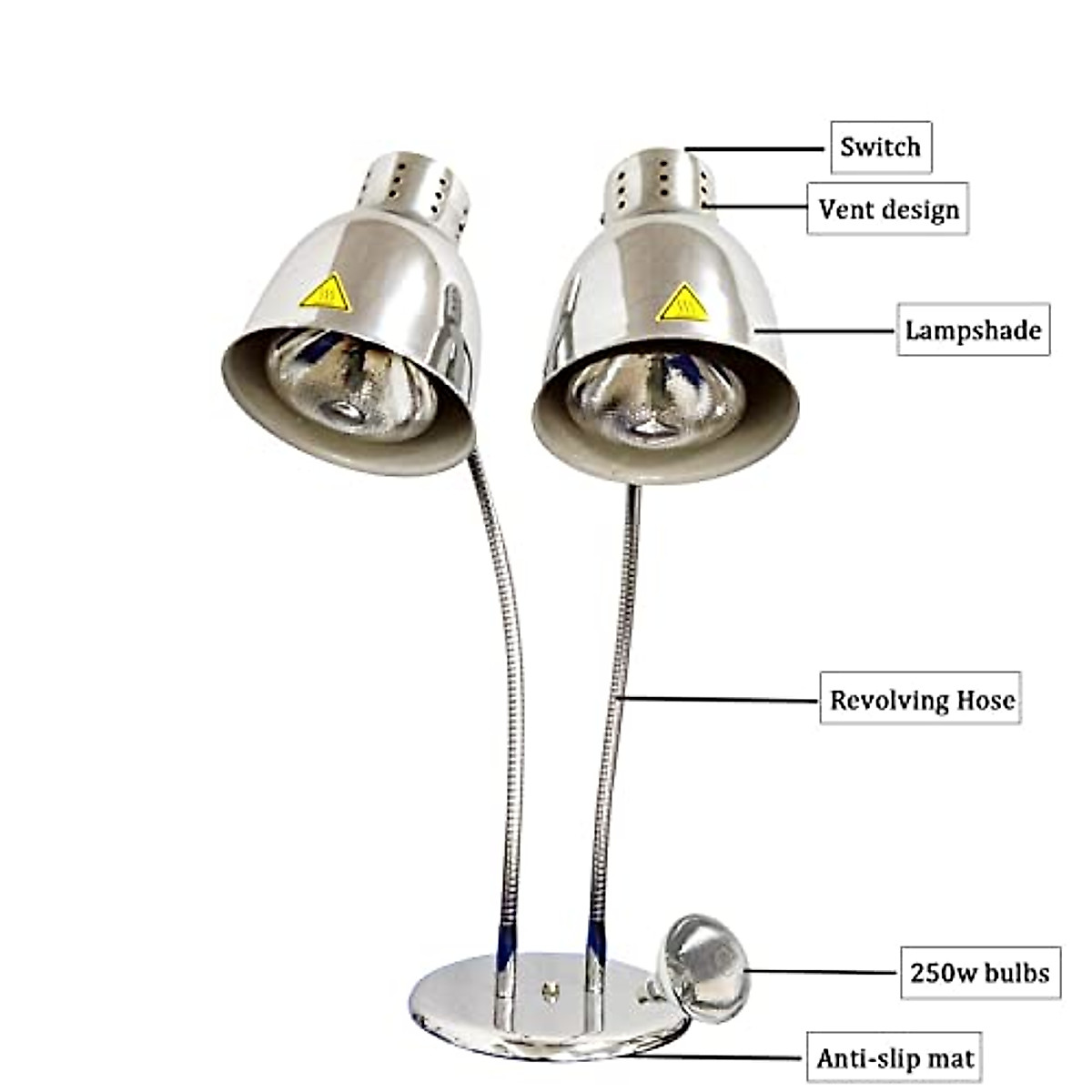 KOUWO Food Heat Lamps with Dual 250w Bulbs Food Warmer Lights Food Heating Warmer Lamp Restaurant Kitchen Buffet Warmer Table (Double Head)