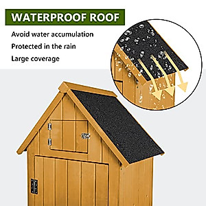 Outdoor Storage Shed with Floor, Outside Wooden Storage Cabinet with Waterproof Roof, Shelves and Hooks, Weather Resistant Tool Shed with Lockable Door for Yard, Garden, Patio, Backyard (Yellow)