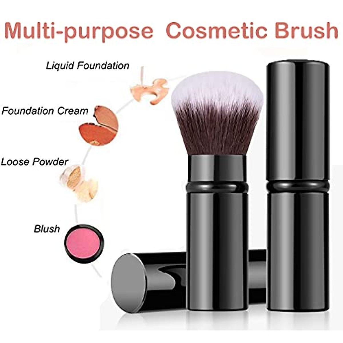 RN BEAUTY Retractable Kabuki Brushes Foundation Brush Powder Brush Blush Brush Extensible Makeup Brush Face Blender Brush Professional Mineral Blending Buffing Concealer Brush Aluminum Case Portable With Cover (Round Top, Black)