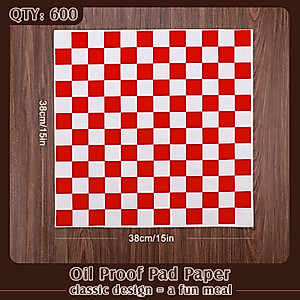 600 Pcs Sandwich Wrapping Paper Sheet 15x15 Checkered Food Wax Paper Sheets Parchment Paper Basket Liner Grease Restaurant Supplies for Wrapping Bread Burgers Food Serving (Red)