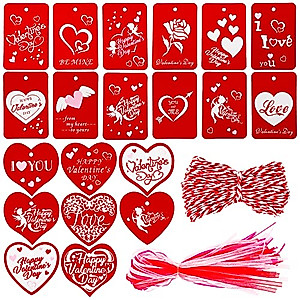 200Pcs Valentine Gift Hanging Tags 20 Designs Red Craft Paper Valentine's Day Gift Treat Label Heart Cut Outs Favor Tags with String for Wedding Party Gift Wrapping