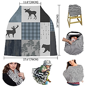 Car Seat Canopy Nursy Cover, Retro Countryside Bear Moose Woods Multi Use Breastfeeding Scarf for Infant Carseat Canopy, Stroller, Shopping Cart, Highchair Grey Blue Plaid